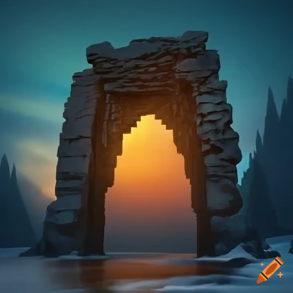Forest island with a gateway portal made of ancient stone and stunning ...