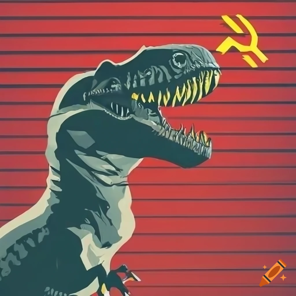 Soviet social realism style poster featuring tyrannosaurus rex and ...