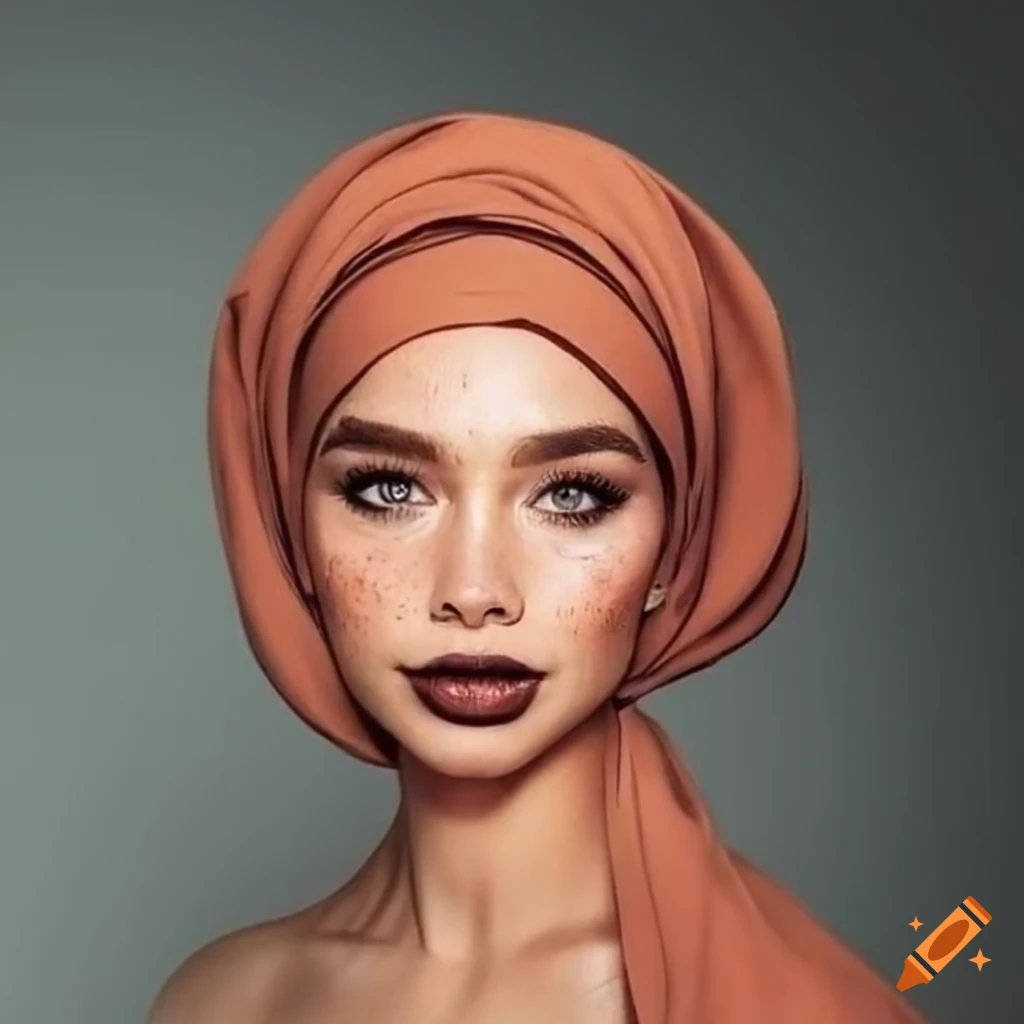 Portrait of a person with tan skin, hijabi, hazel eyes, thick eyebrows ...