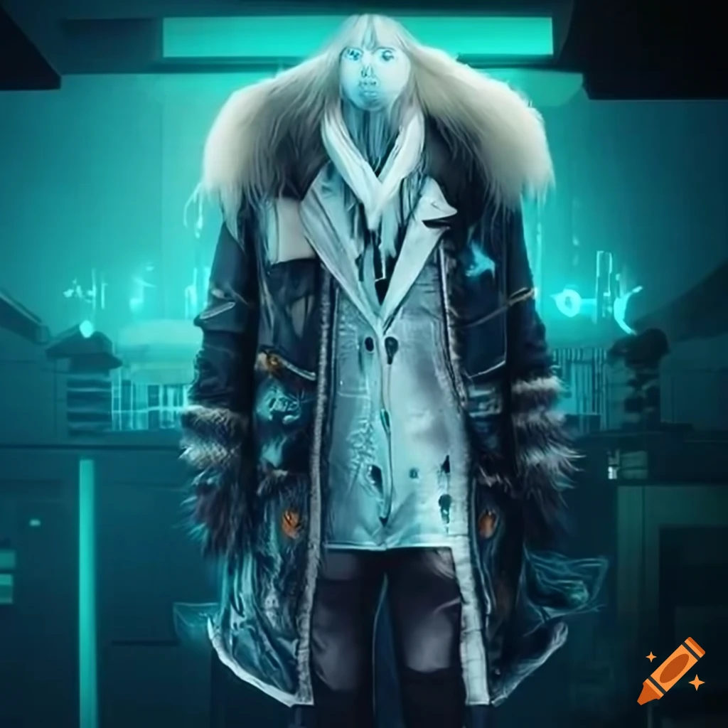 Masculine deep sea cyberpunk long coat with white fur trim on Craiyon