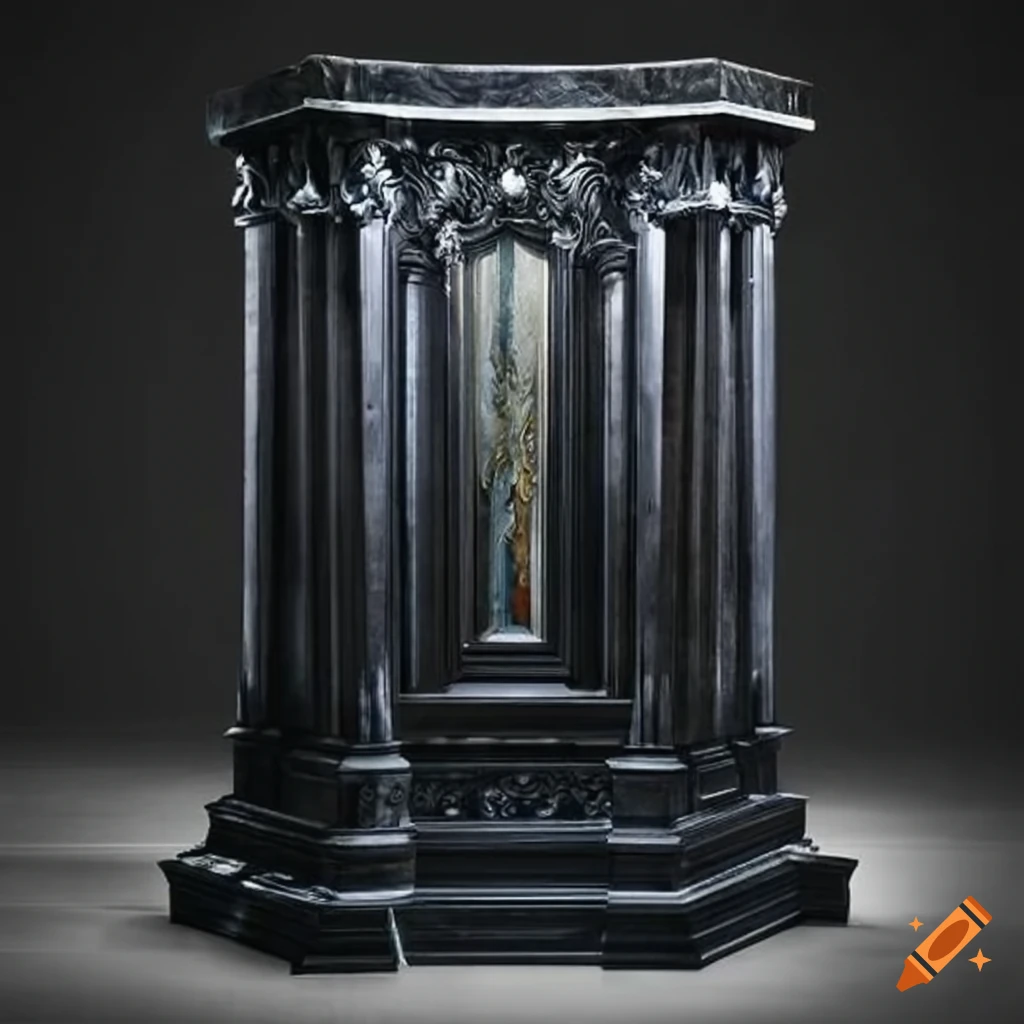 Beautifully ornate black marble pulpit on a high stage on Craiyon