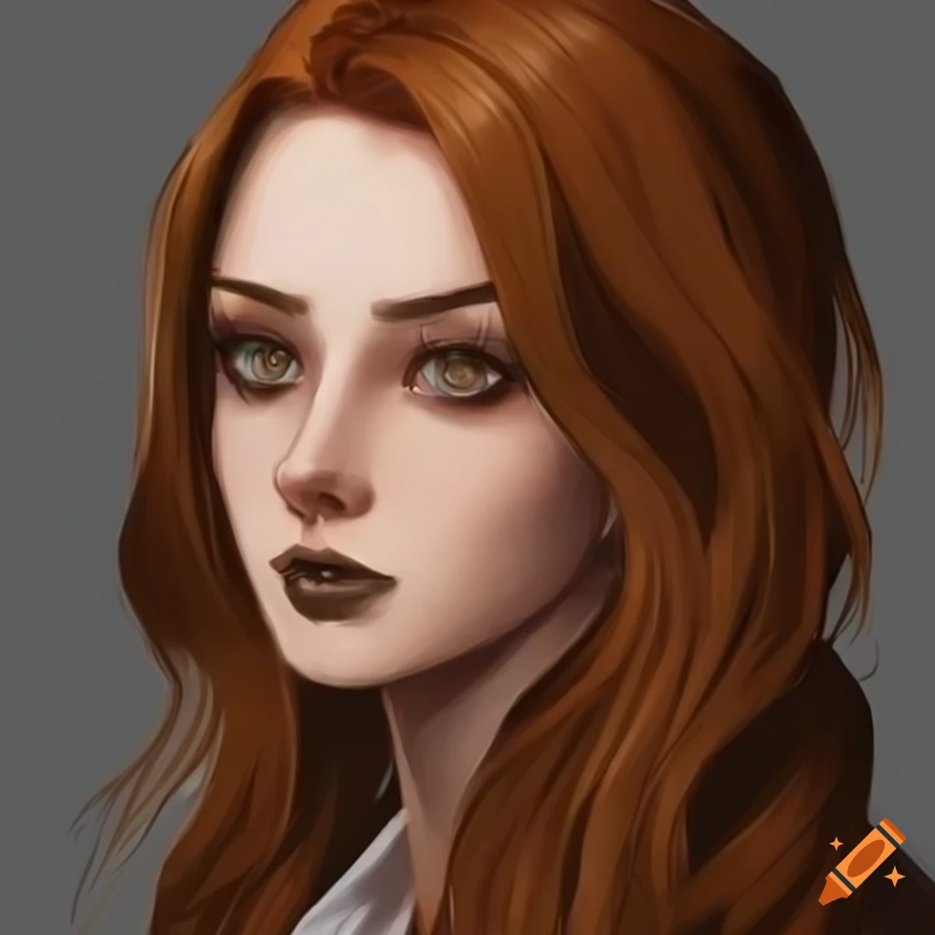 Portrait of a female detective with pale skin and dark ginger hair on ...