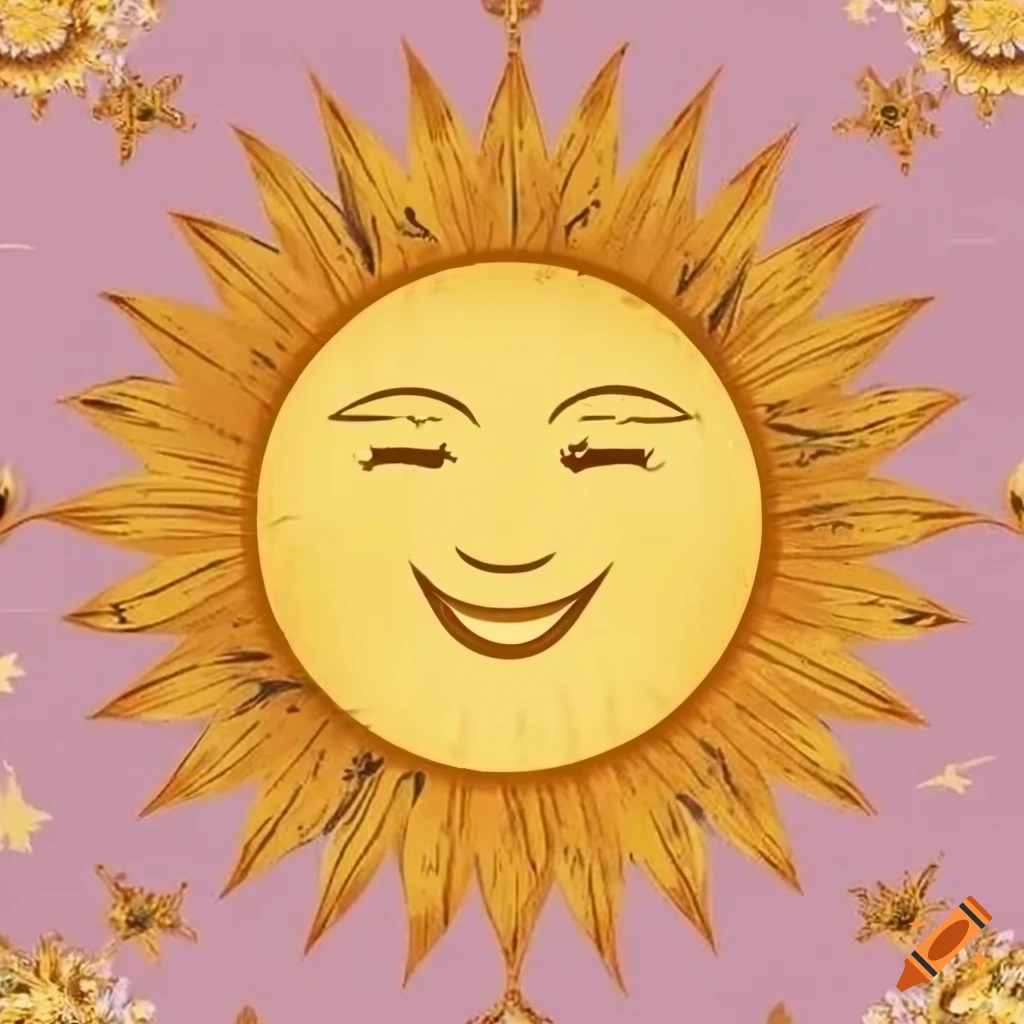 Celestial vintage floral smiling petal sun in nouveau surrealism style ...
