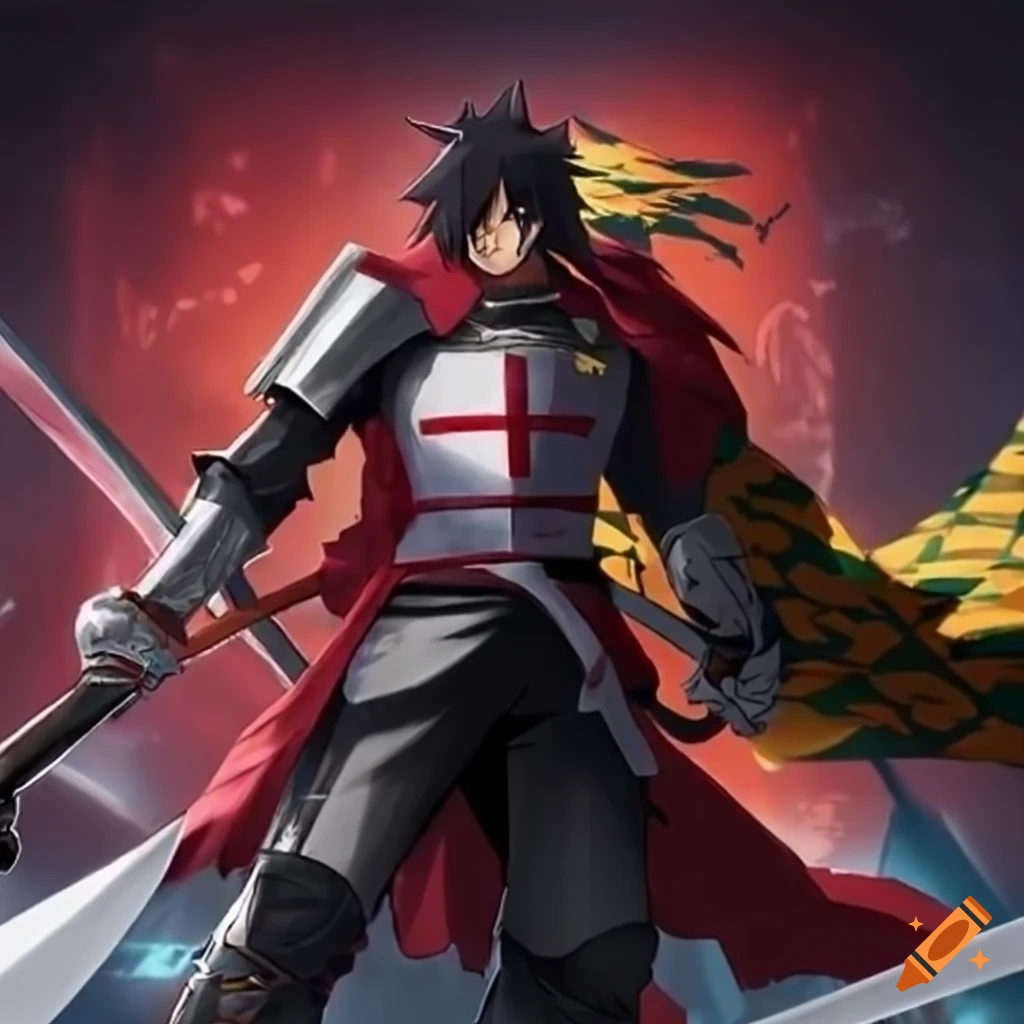 Giyuu Tomioka and Trevor Belmont fusion in templar knight armor with buster sword on Craiyon