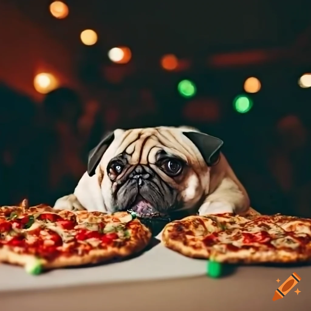 Pug enjoying a pizza party with dog friends on Craiyon