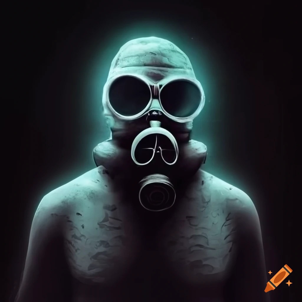 Illuminated humanoid figure with gas mask rising from a surreal power ...