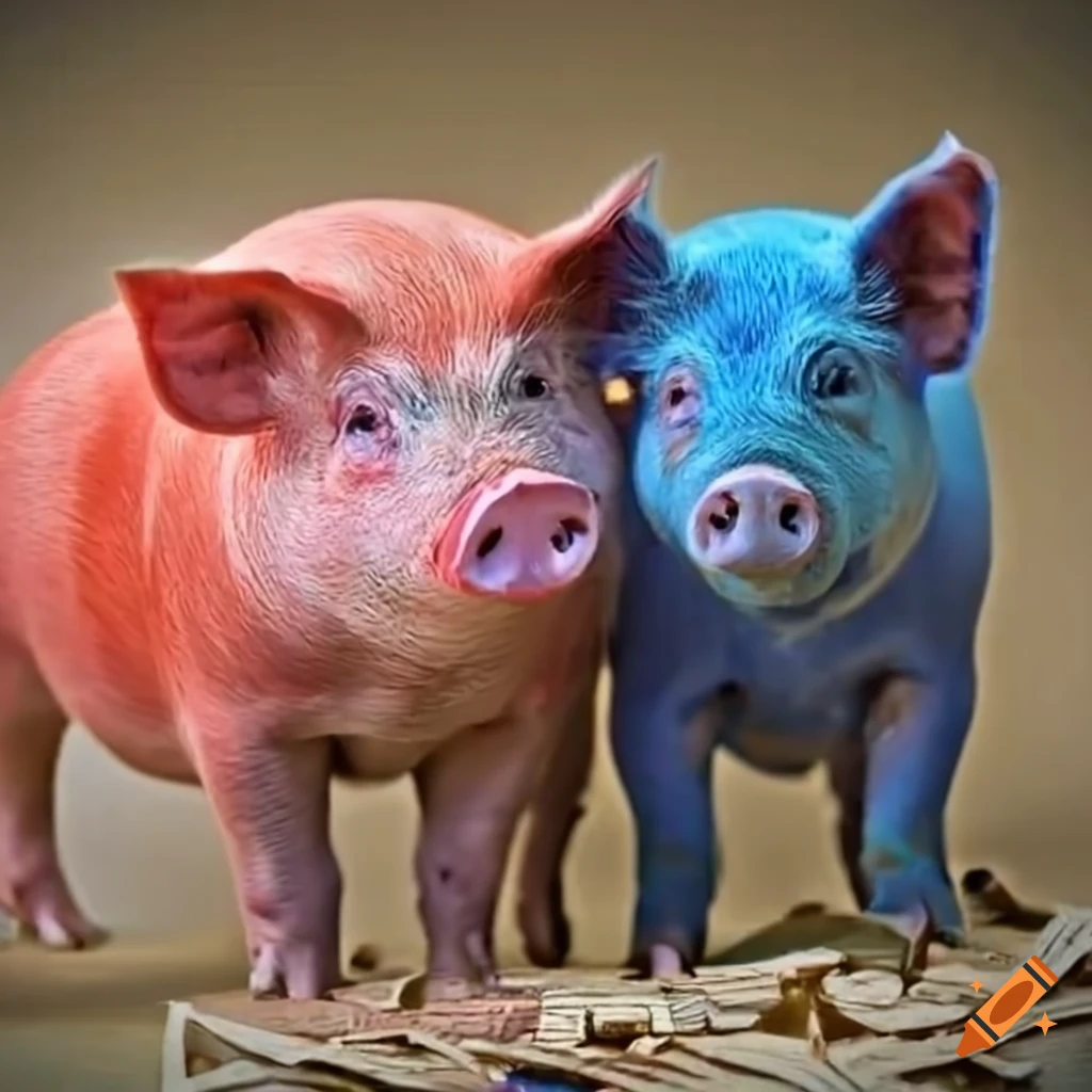 Red and blue pigs feeding on dollars on Craiyon