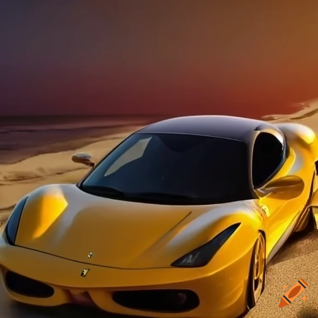 Yellow ferrari at the beach during sunset on Craiyon