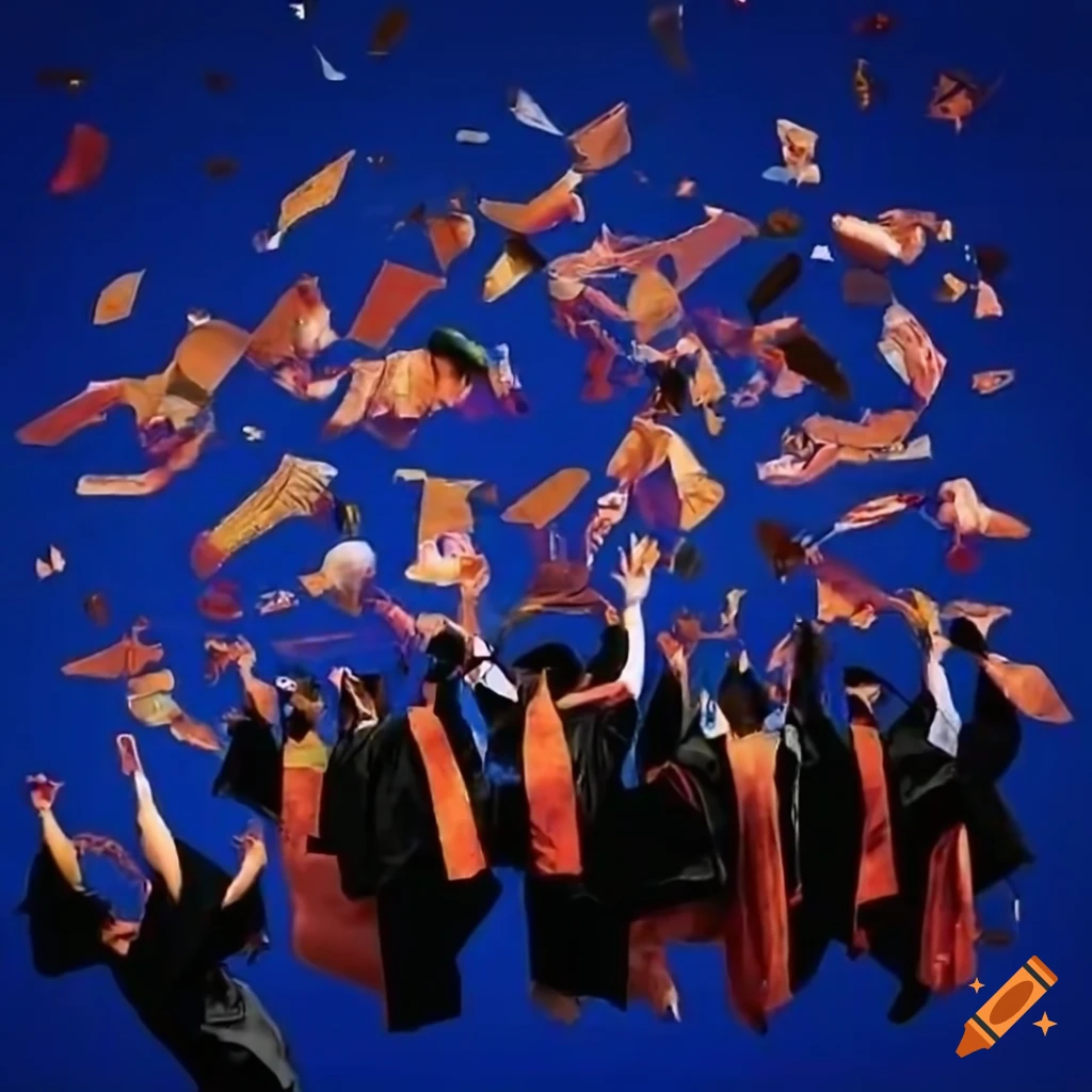 Exciting graduation crowd throwing caps in the air in a vibrant collage ...