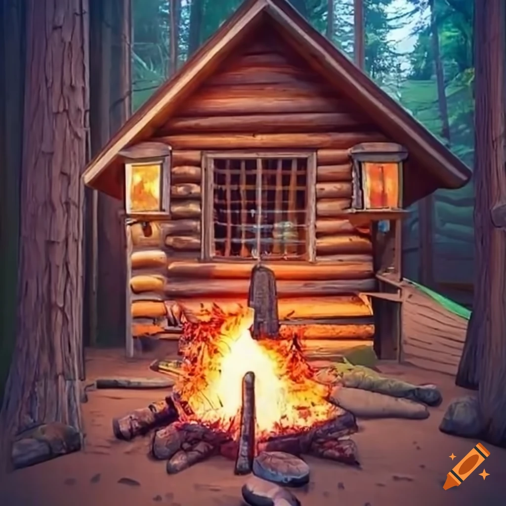Log cabin in Big Sur forest with bonfire and food on Craiyon