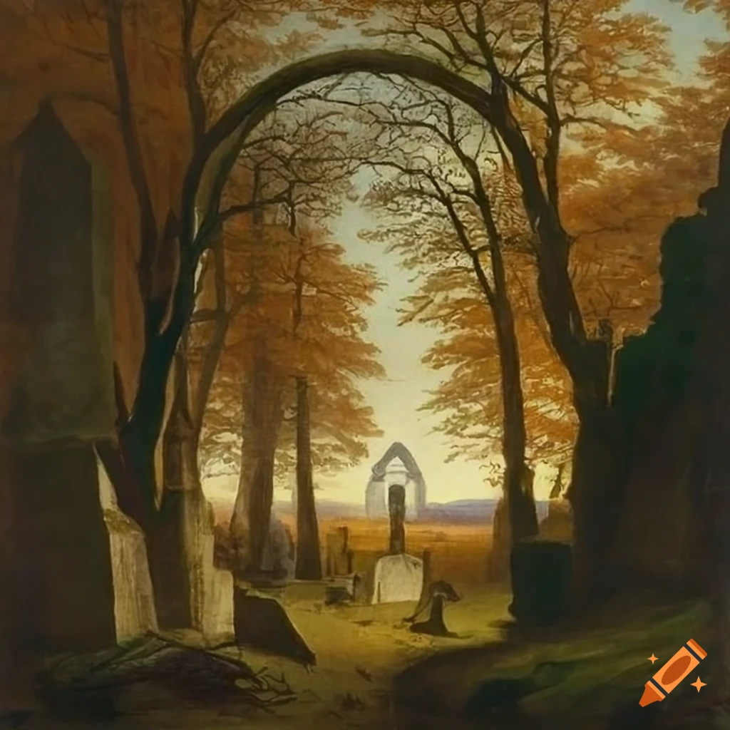 Cemetery with old graves and gothic gate in late autumn, inspired by ...