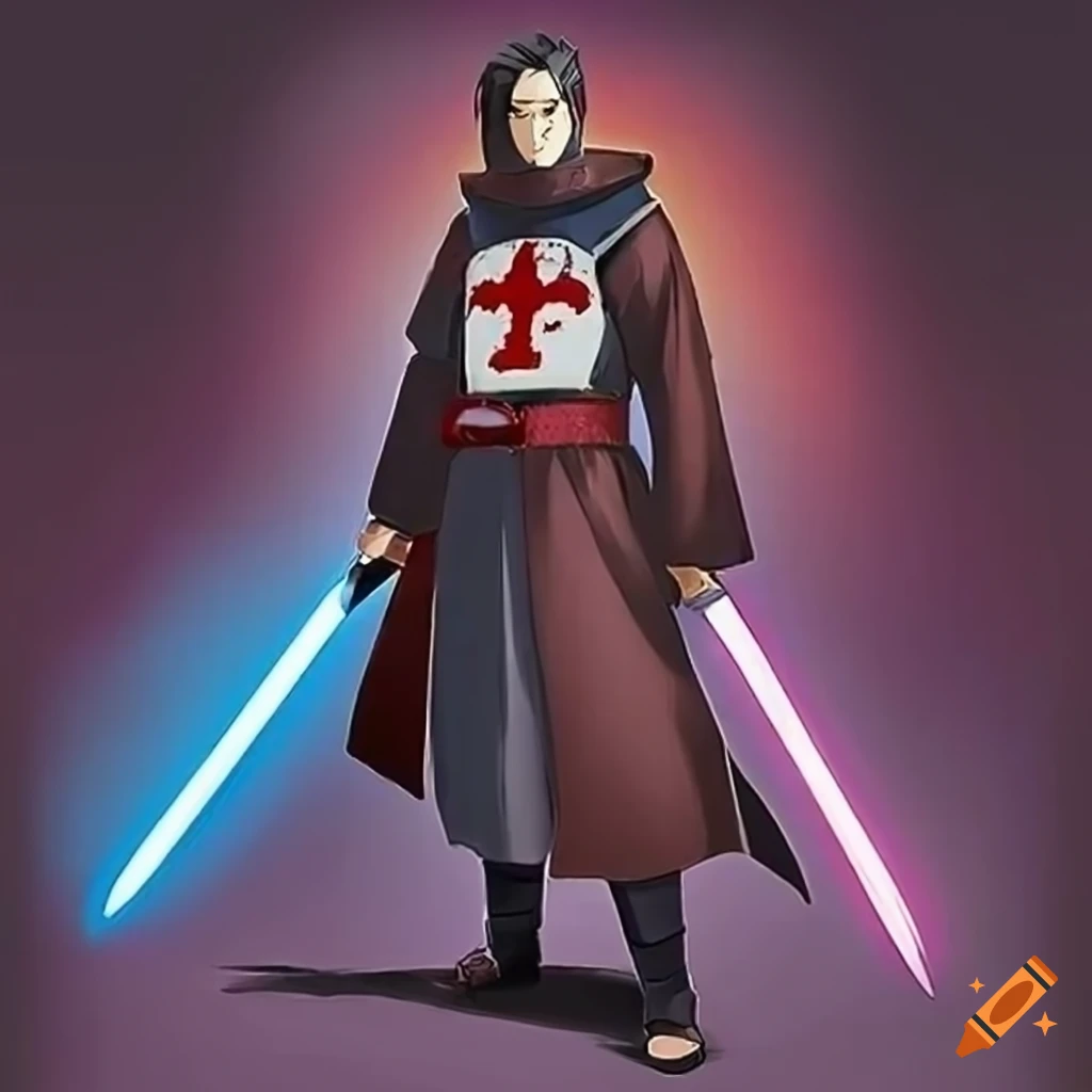 Itachi anbu fusion obi wan kenobi in templar knight armor with sword on Craiyon