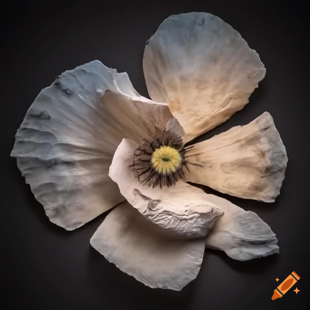Fossil encased in a poppy flower with inner white petals contrasting ...