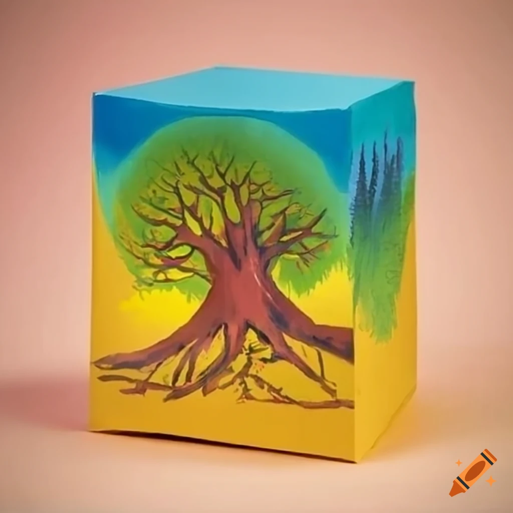 Yellow paper box with bob ross inspired happy tree painting on Craiyon