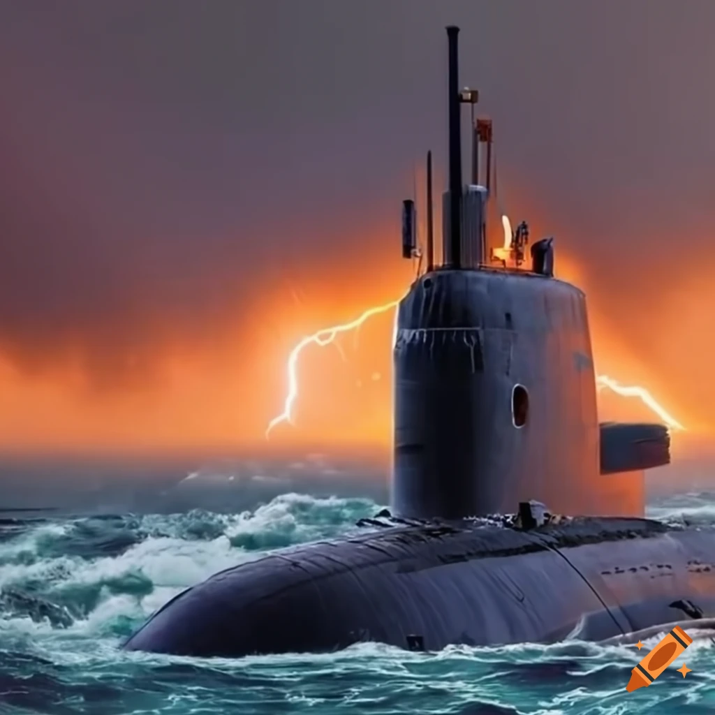 Submarine in rough sea storm with orange flames in the sky on Craiyon