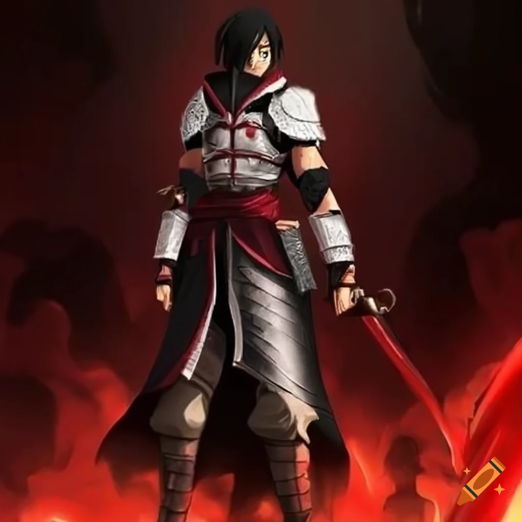 Itachi anbu and trevor belmont fusion in templar knight armor with buster sword on Craiyon