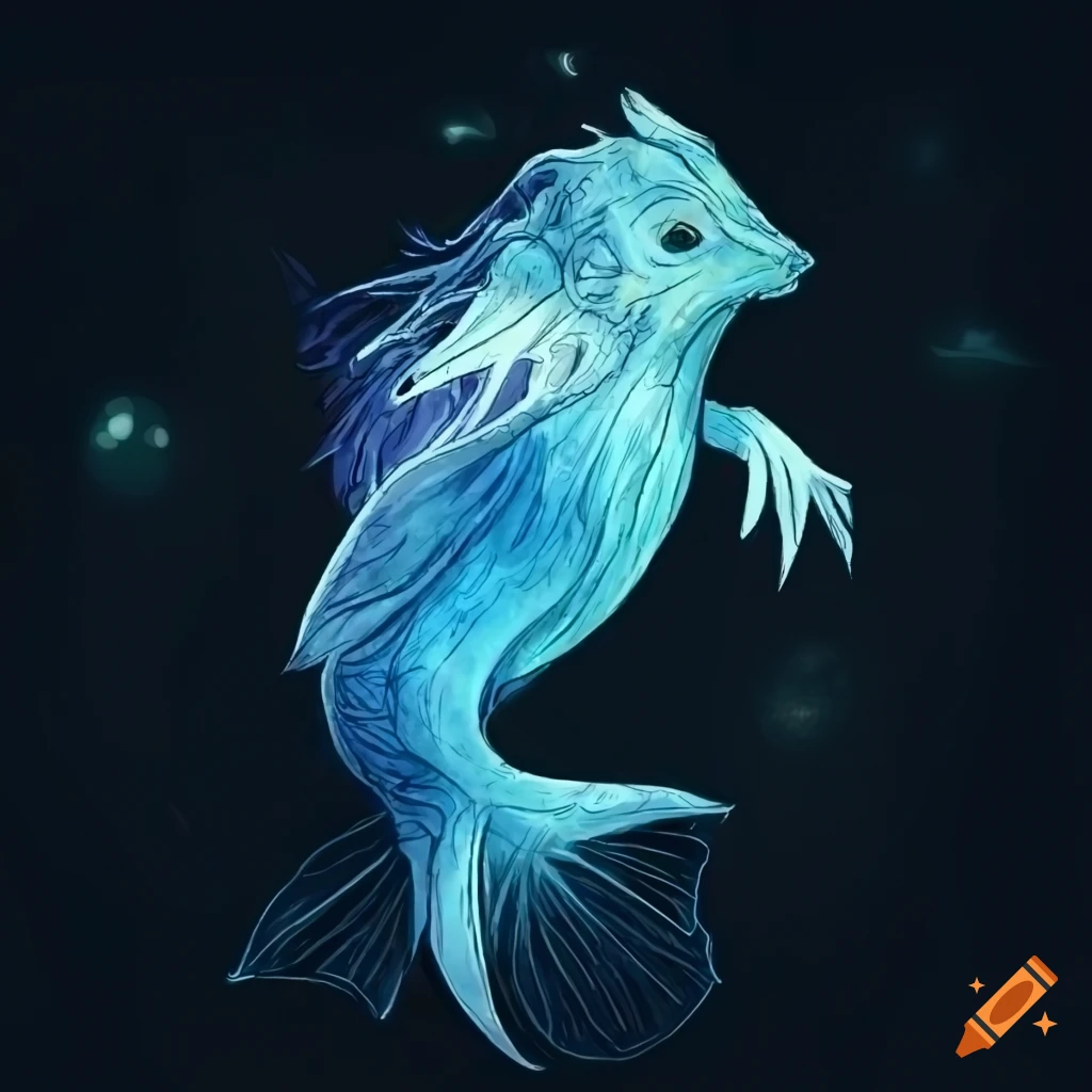Hogwarts themed drawing of a fish patronus charm in illuminated style ...