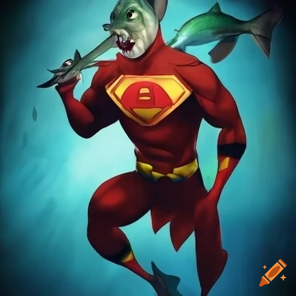 Superhero with a salmon fish head on Craiyon