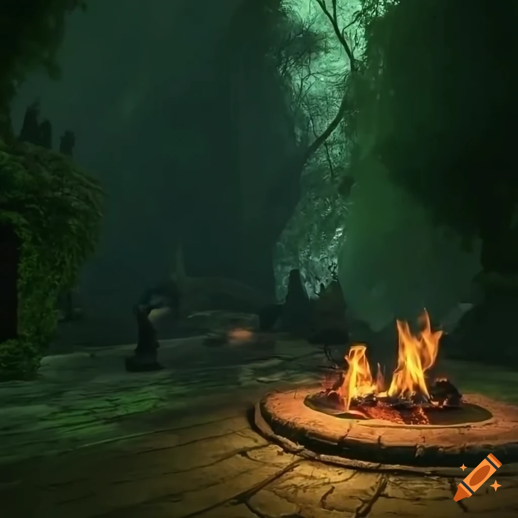Ancient fire altar surrounded by lush green foliage in a dark souls ...