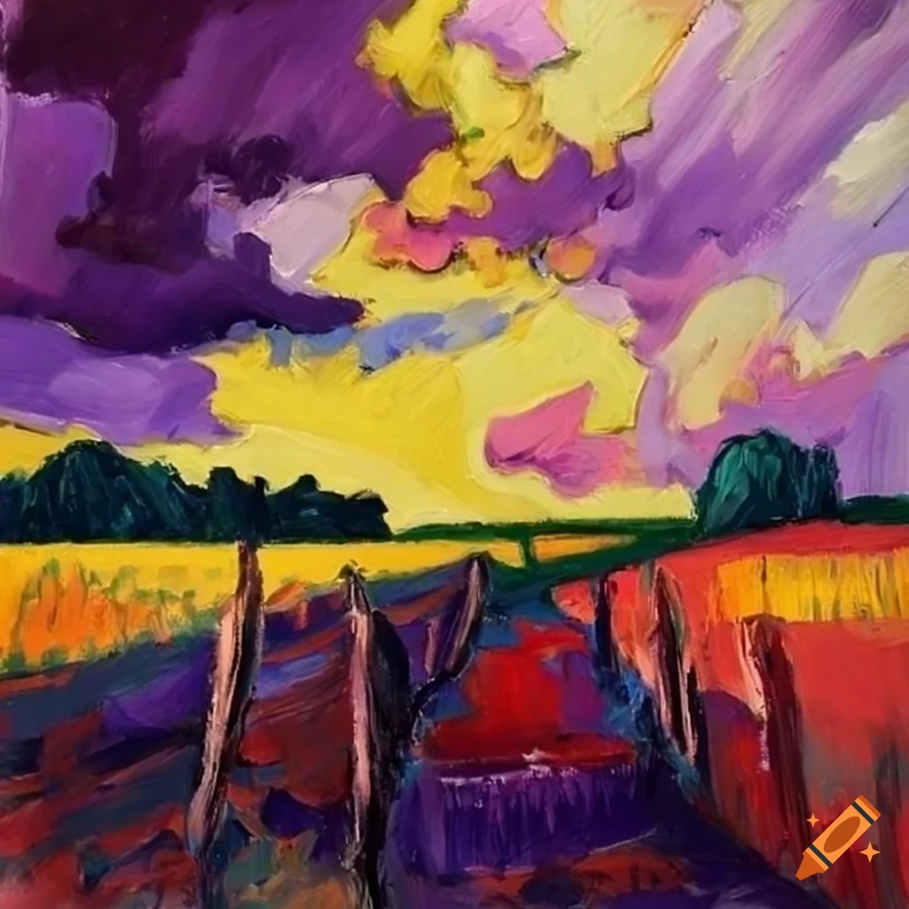 Moody fauvism open expressionism landscape with storm clouds and rain ...