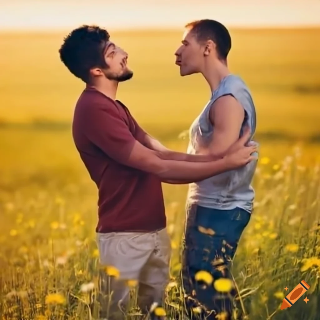 Affectionate moment between two men in a meadow on Craiyon