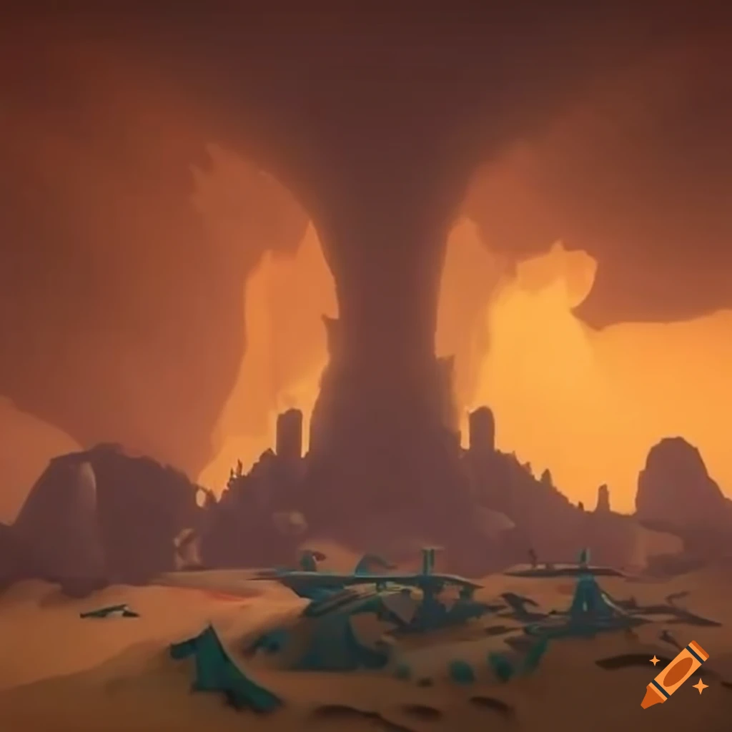 Ruined desert kingdom with sandstorm tornado in the background on Craiyon