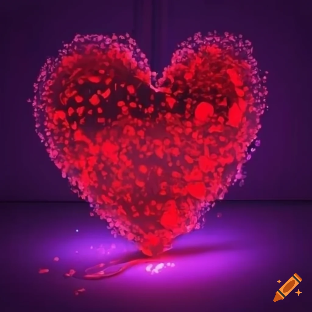 Red glowing heart disintegrating into sparkles in a dimly lit purple ...