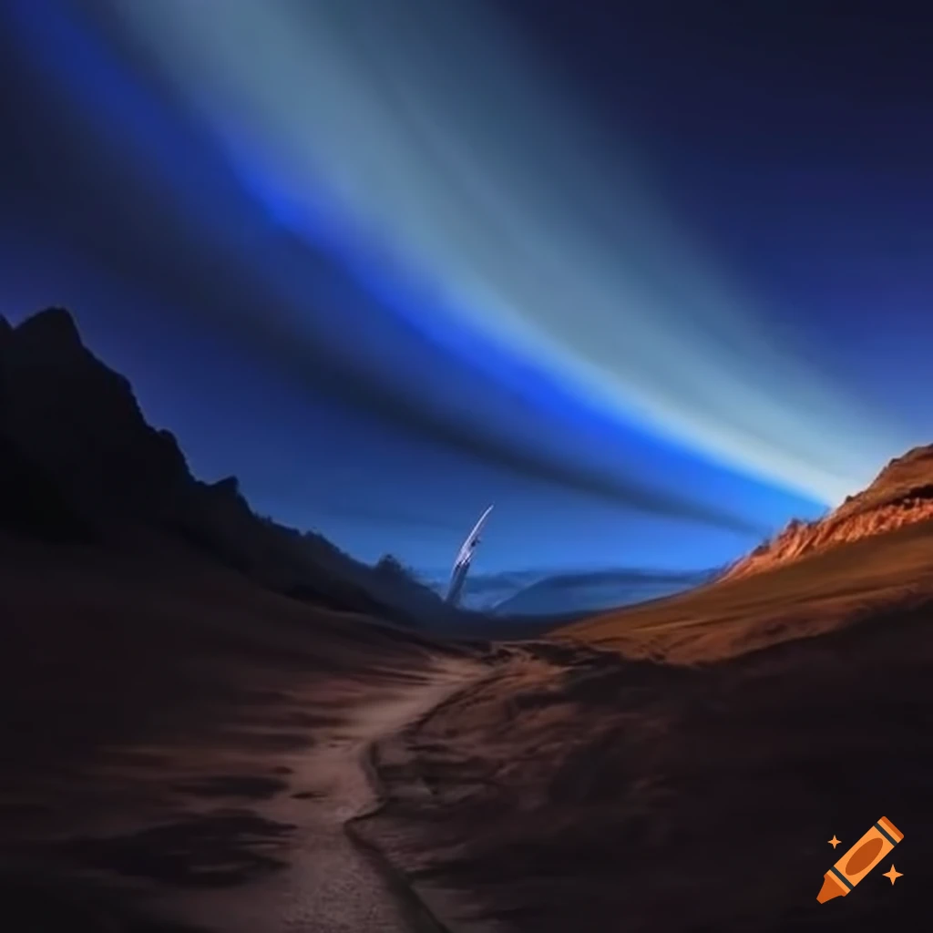 Winding path through desolate landscape leading to foreboding mountain ...