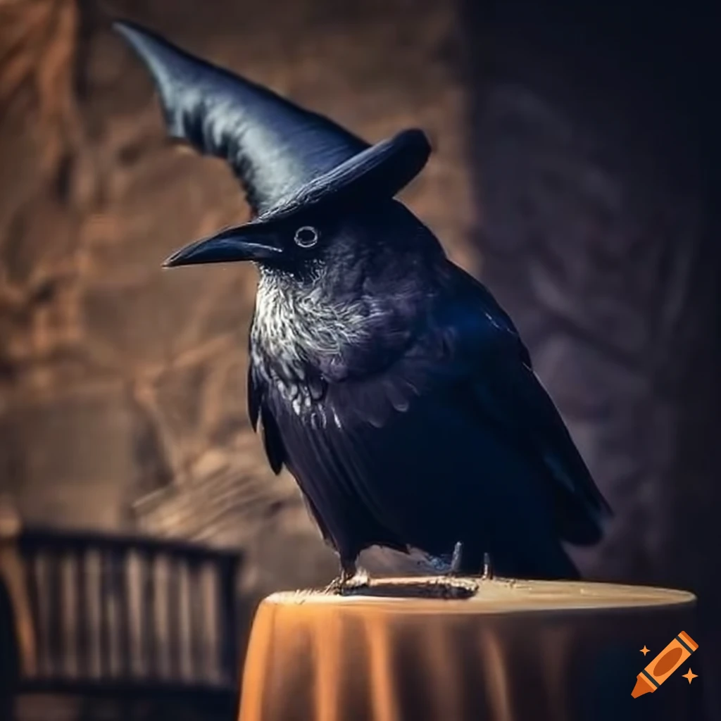 Crow with wizard hat drinking coffee in a medieval city on Craiyon