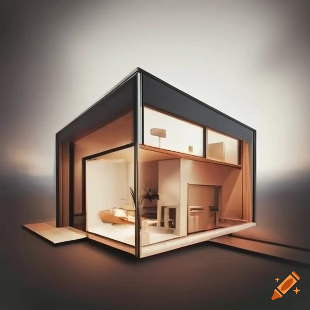 Modern prefabricated small home in an advertising brochure on Craiyon
