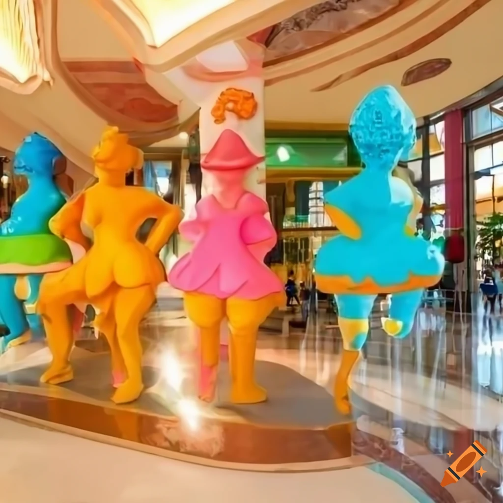 Colorful sugar cookie statues in a tourist attraction site lobby on Craiyon