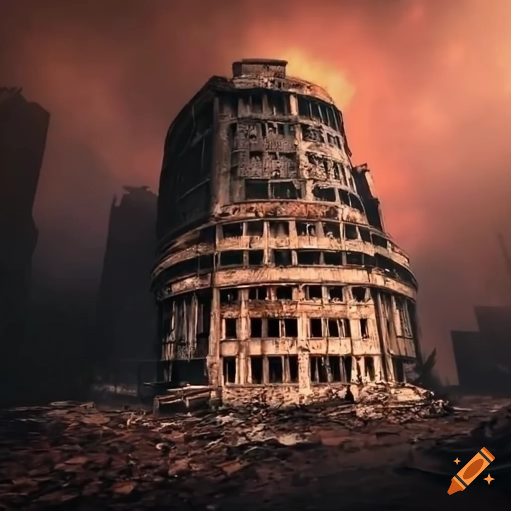 Abandoned and scorched large building on Craiyon