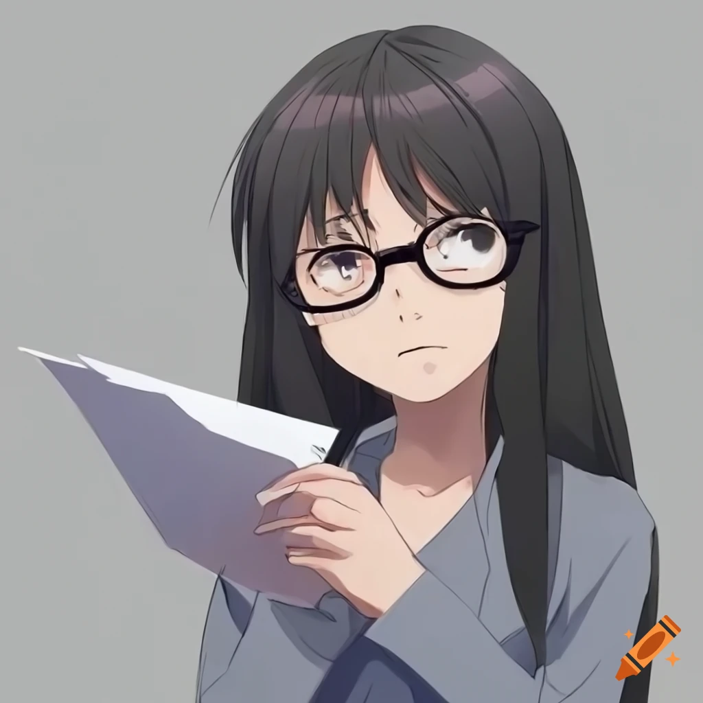 Anime girl with glasses looking up and thinking while writing on paper ...