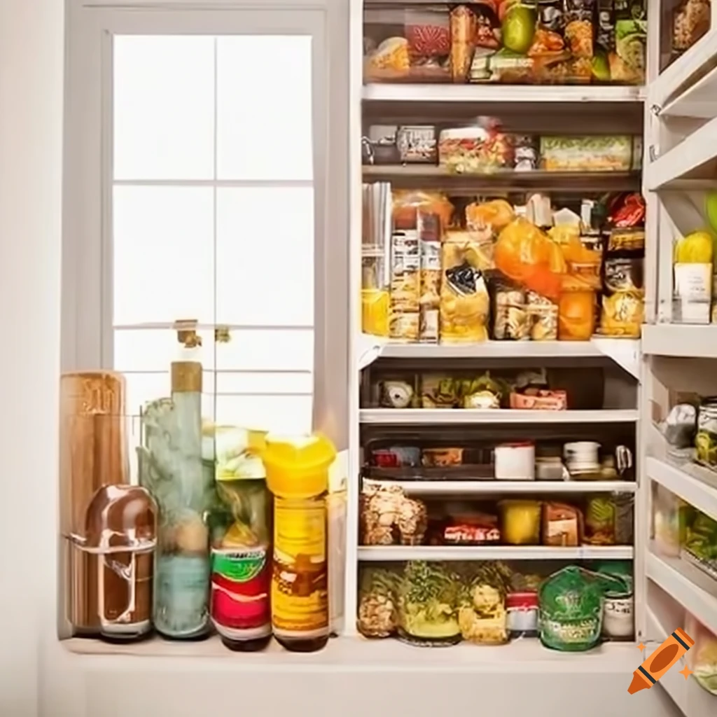Pantry stocked with fresh food and a table behind it on Craiyon