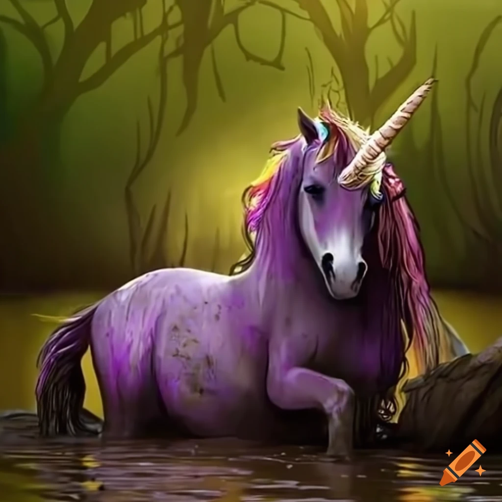 Unicorn mare stuck in a swamp mud pit on Craiyon
