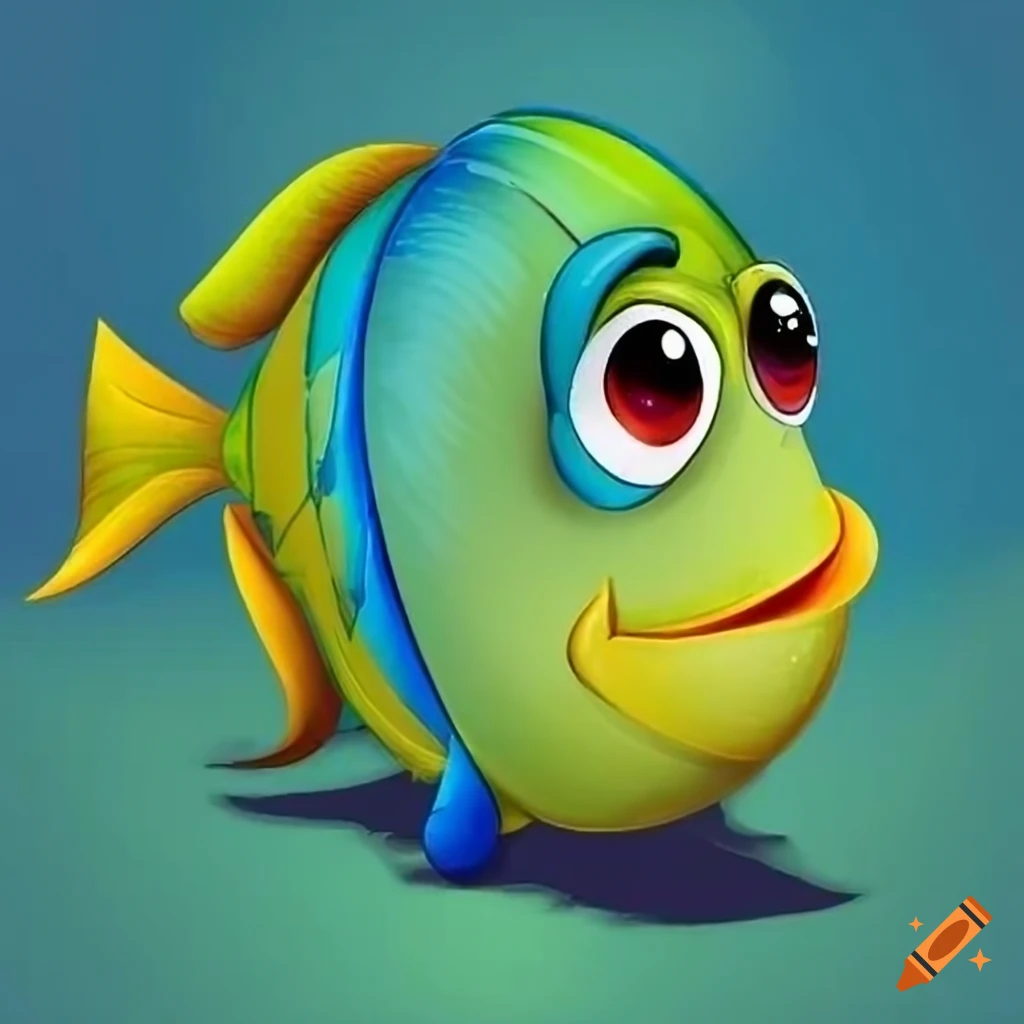 Happy turquoise and yellow cartoon fish on Craiyon