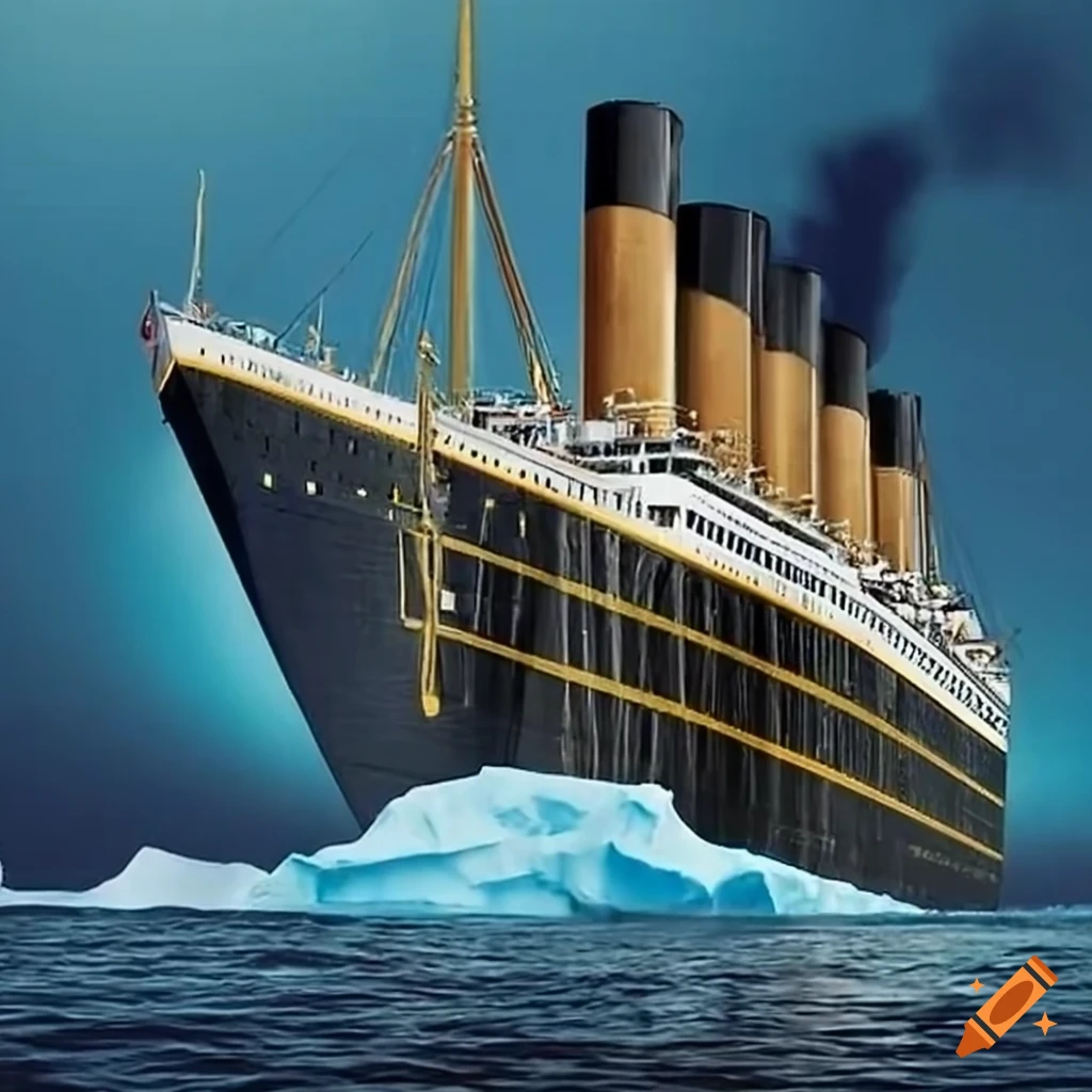 Illustration of the titanic hitting an iceberg on Craiyon