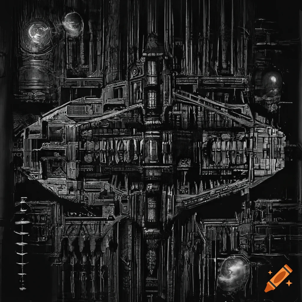 Black and white alpha map of spaceship walls with wires, tubes, and ...