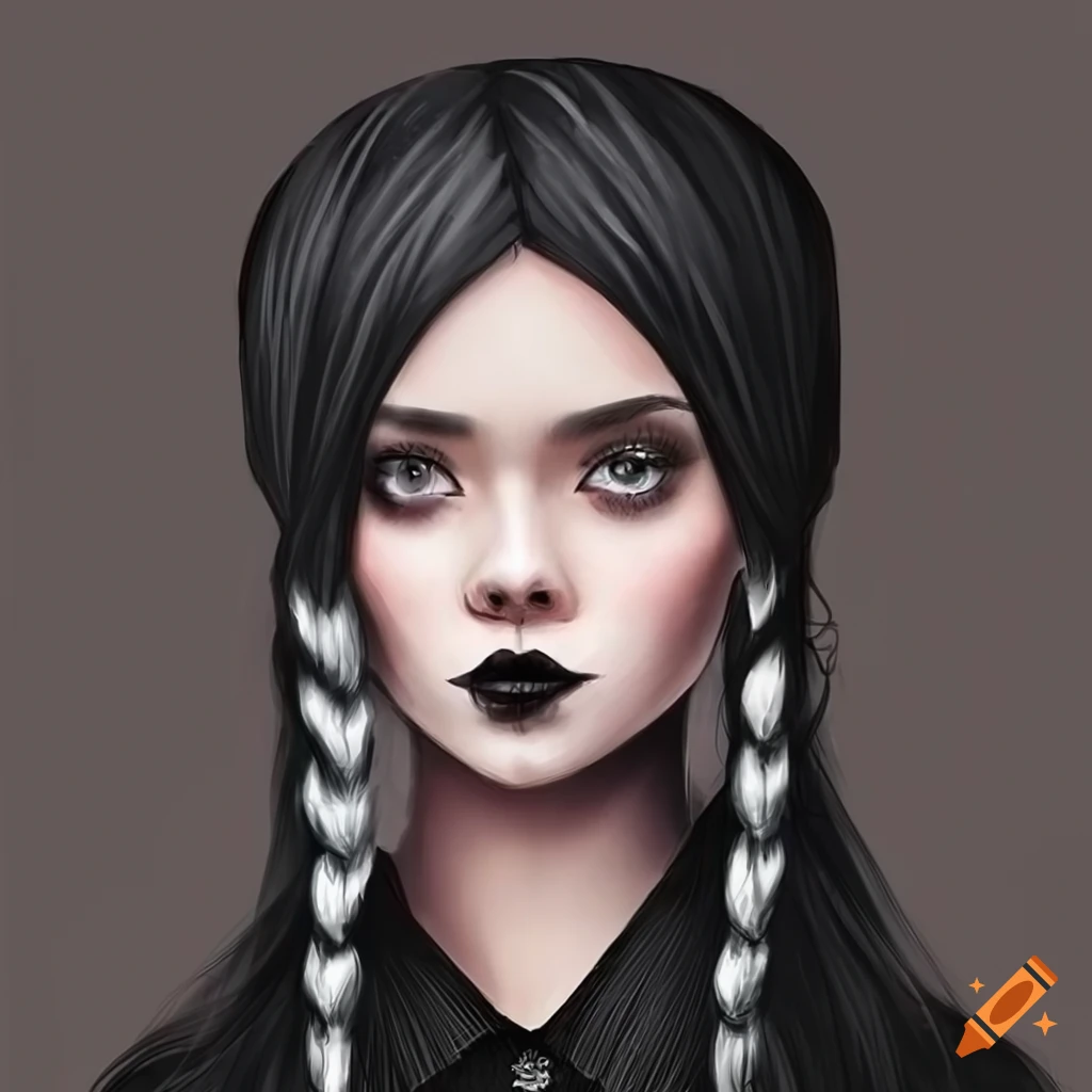 Gothic girl with braided hair in a wednesday addams style drawing on Craiyon