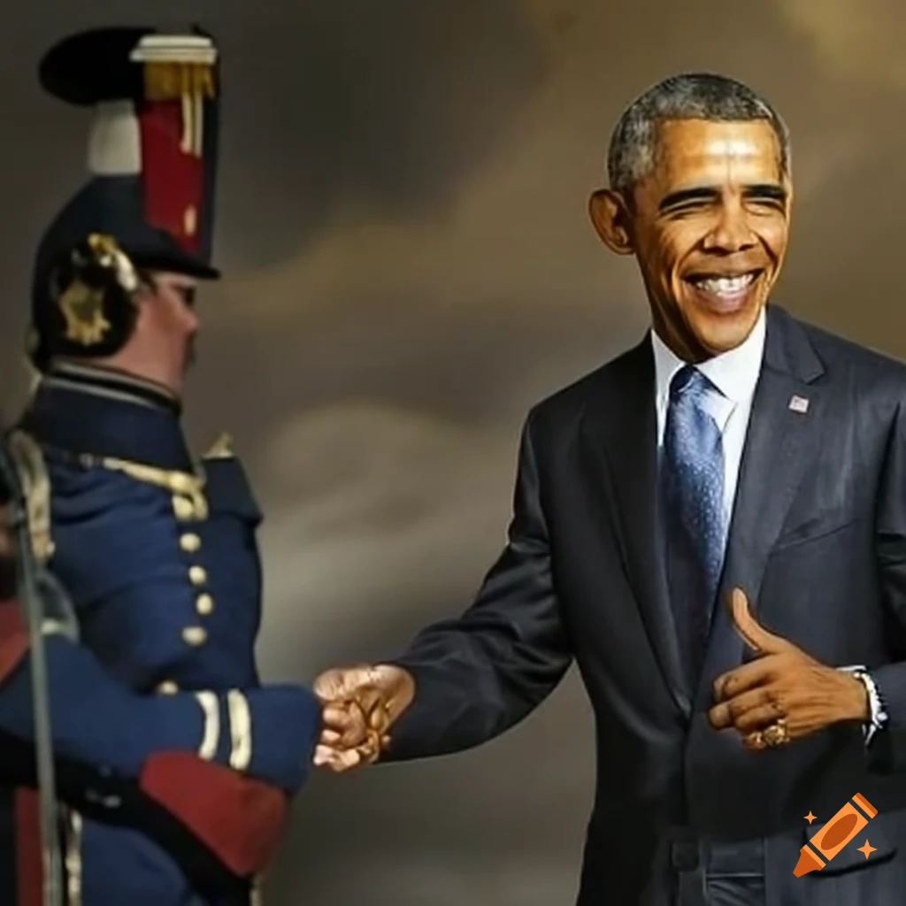 Barack obama shaking hands with napoleon on a battlefield on Craiyon