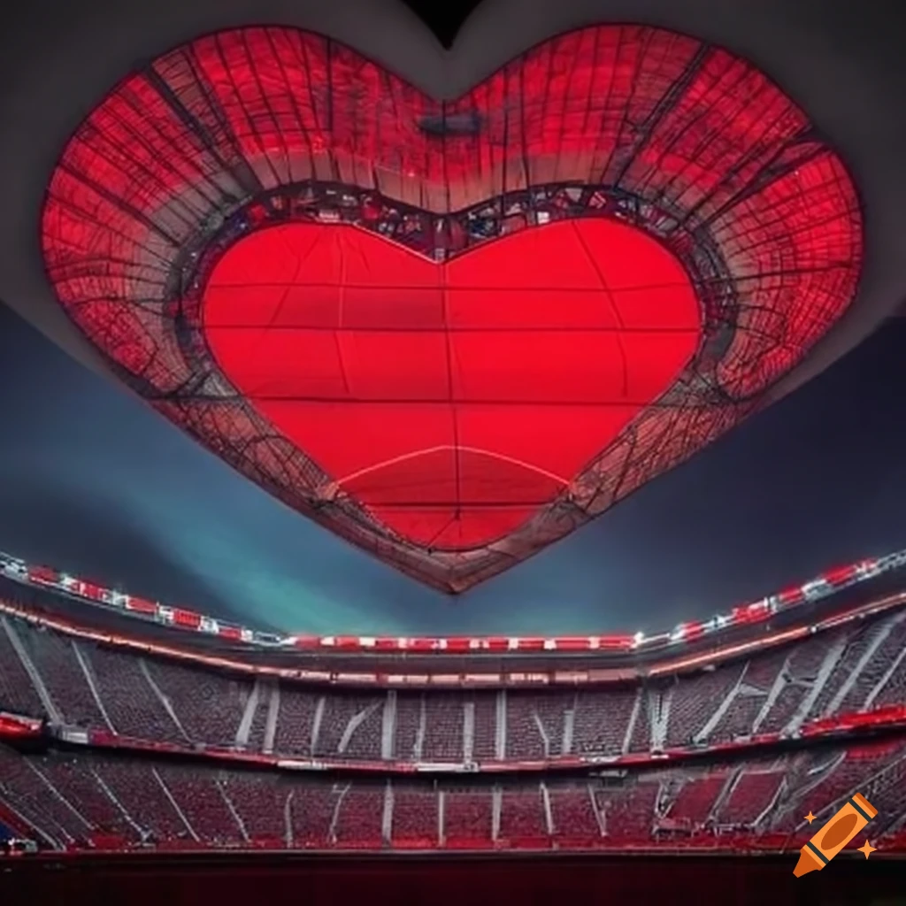 Heart-shaped football stadium with red lights on Craiyon