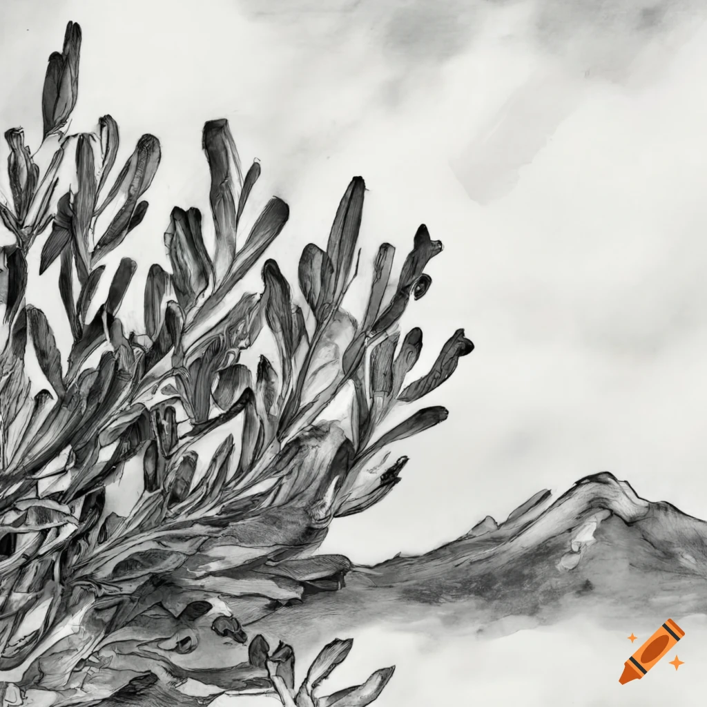 Sketch of a sagebrush tridentata with mountains in black and white on ...