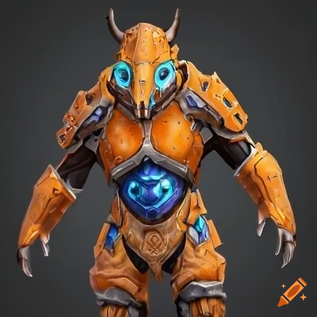 Futuristic orange dwarf goat armor with blue highlights on Craiyon