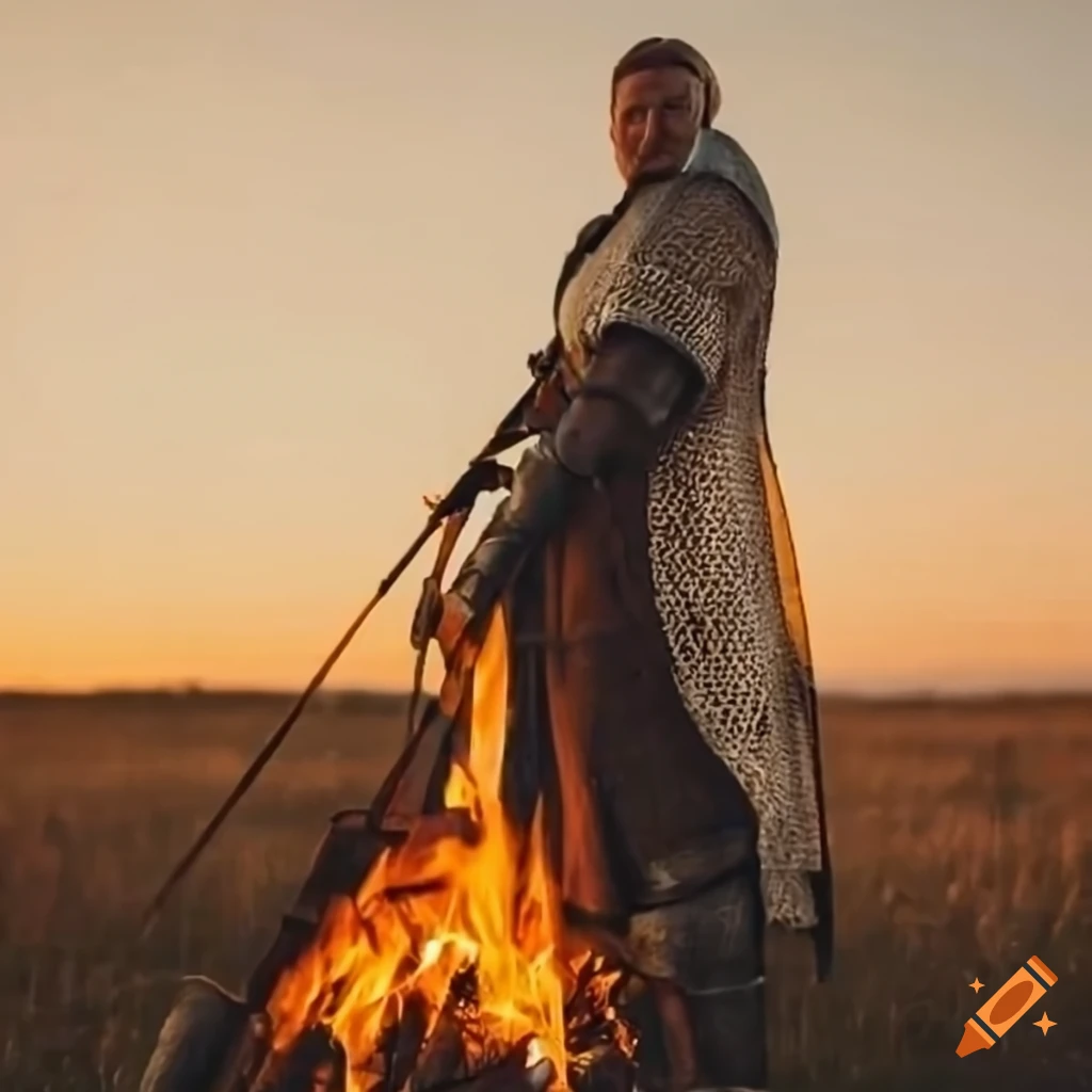 Knight resting by a campfire in a field at sunset on Craiyon