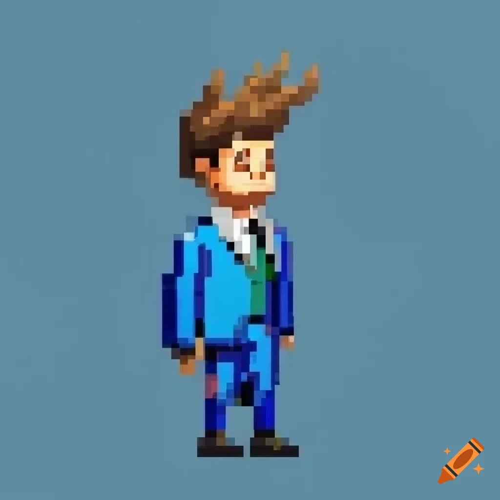 Pixel art of a man in a blue suit with unique hair (full body) on Craiyon