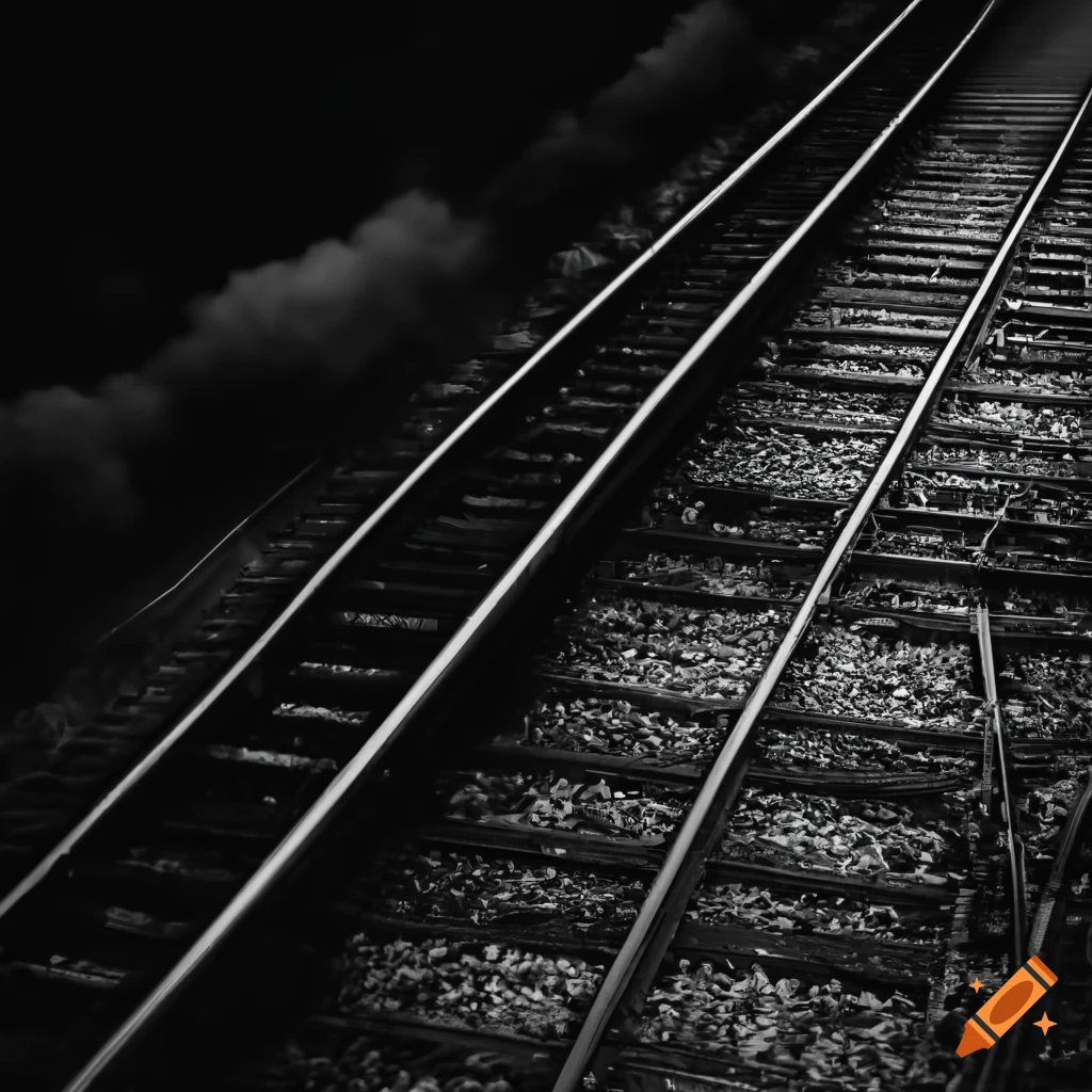 Train with shining light on tracks at night from above on Craiyon