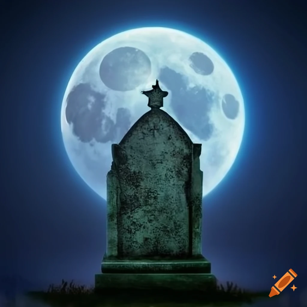 Gravestone with moon and lightning at night on Craiyon