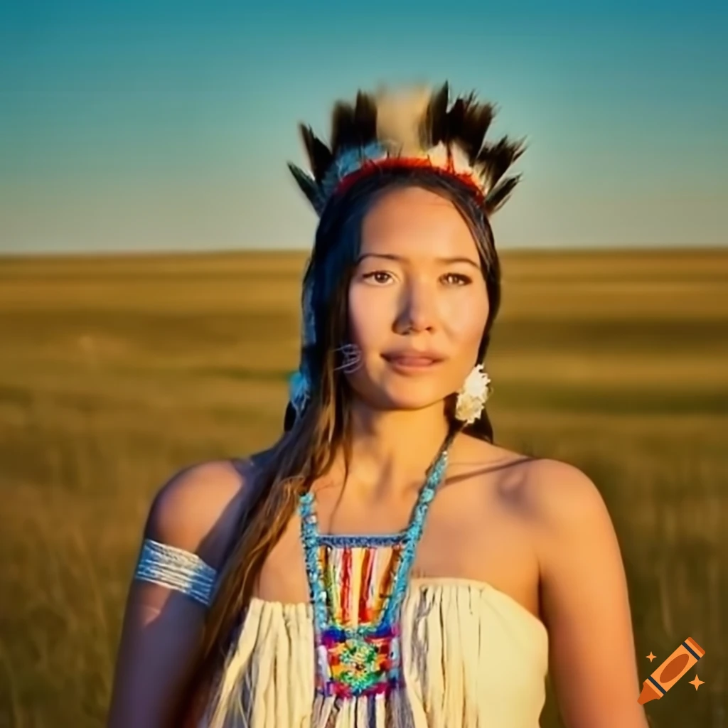 Smiling young native american woman with long hair on the prairie on ...