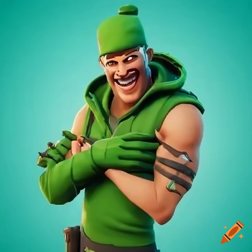 Fortnite branded brawler in green clothes laughing in a car on Craiyon