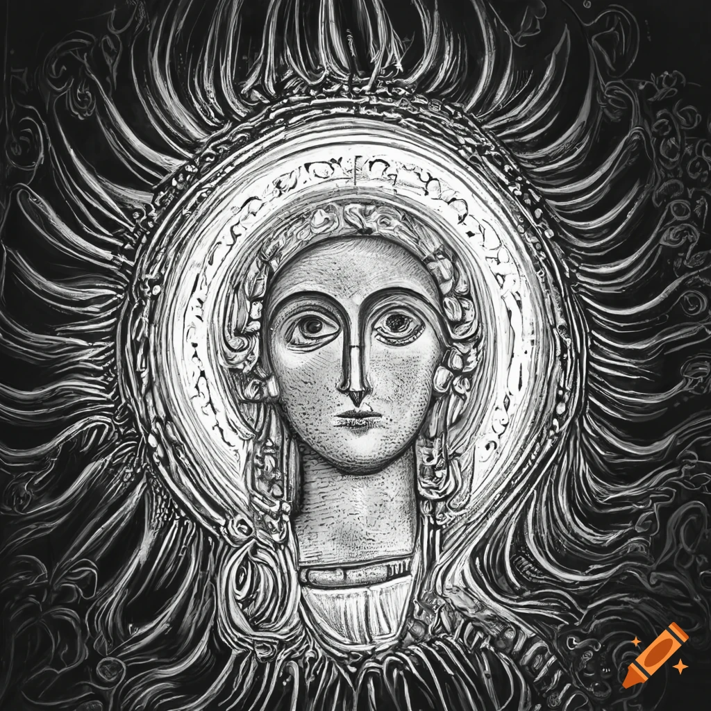 Black and white icon of saint mary with a nautilus shell halo on Craiyon